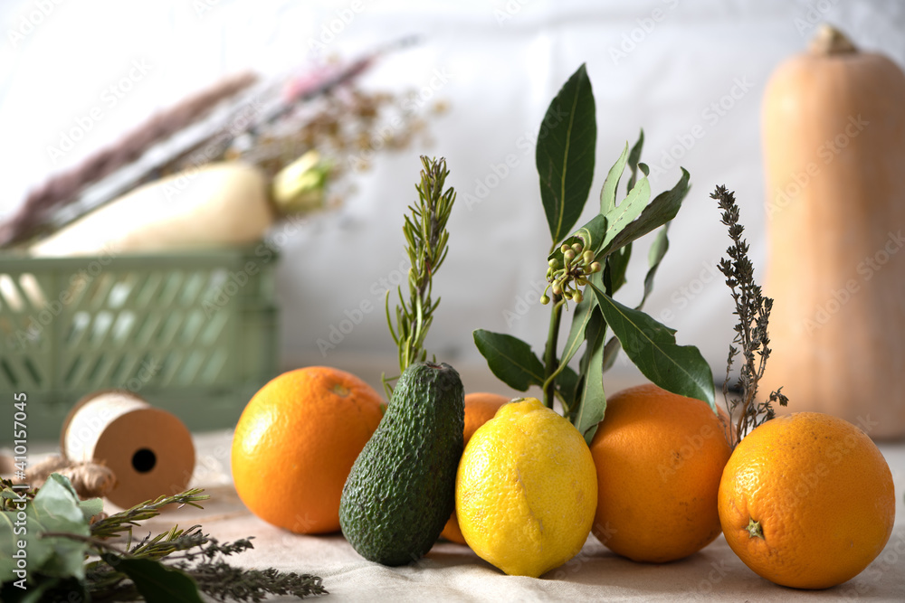 Collection of organic fruits , vegetables and Herbs : oranges ,lemon ...