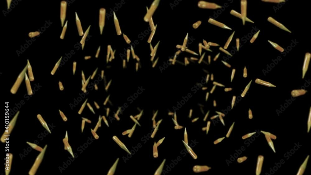 Flying many ammunition bullets on black background. Military concept ...