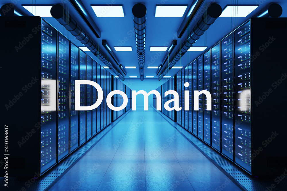 domain logo in large modern data center with multiple rows of network ...