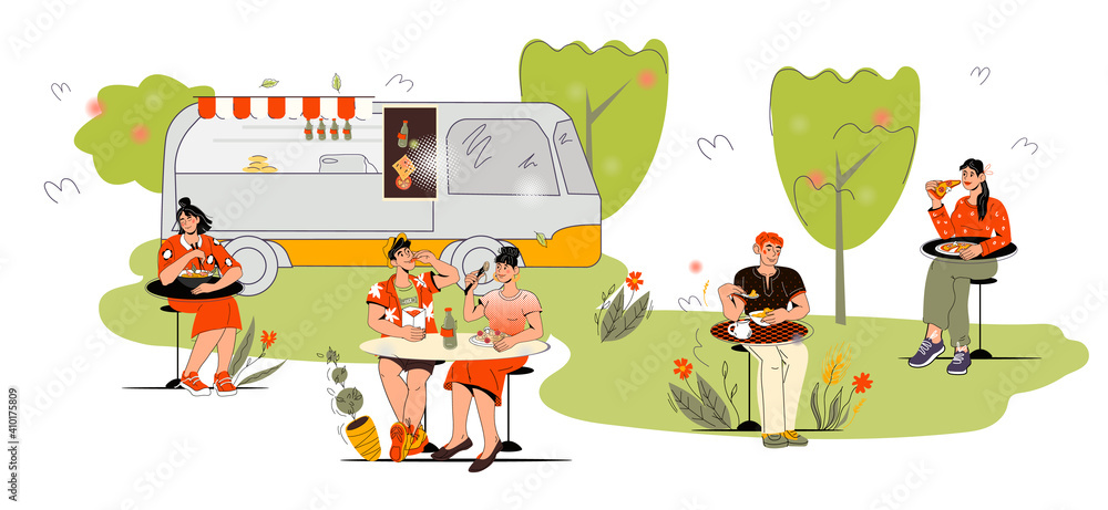 Street food festival or market with eating people and food truck ...