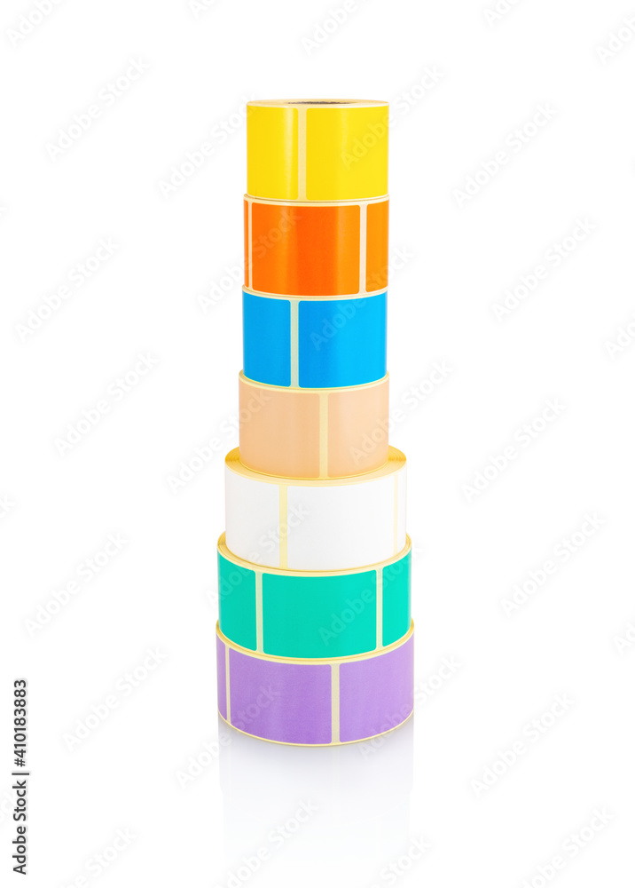 Stack of colored labels isolated on white background with shadow ...