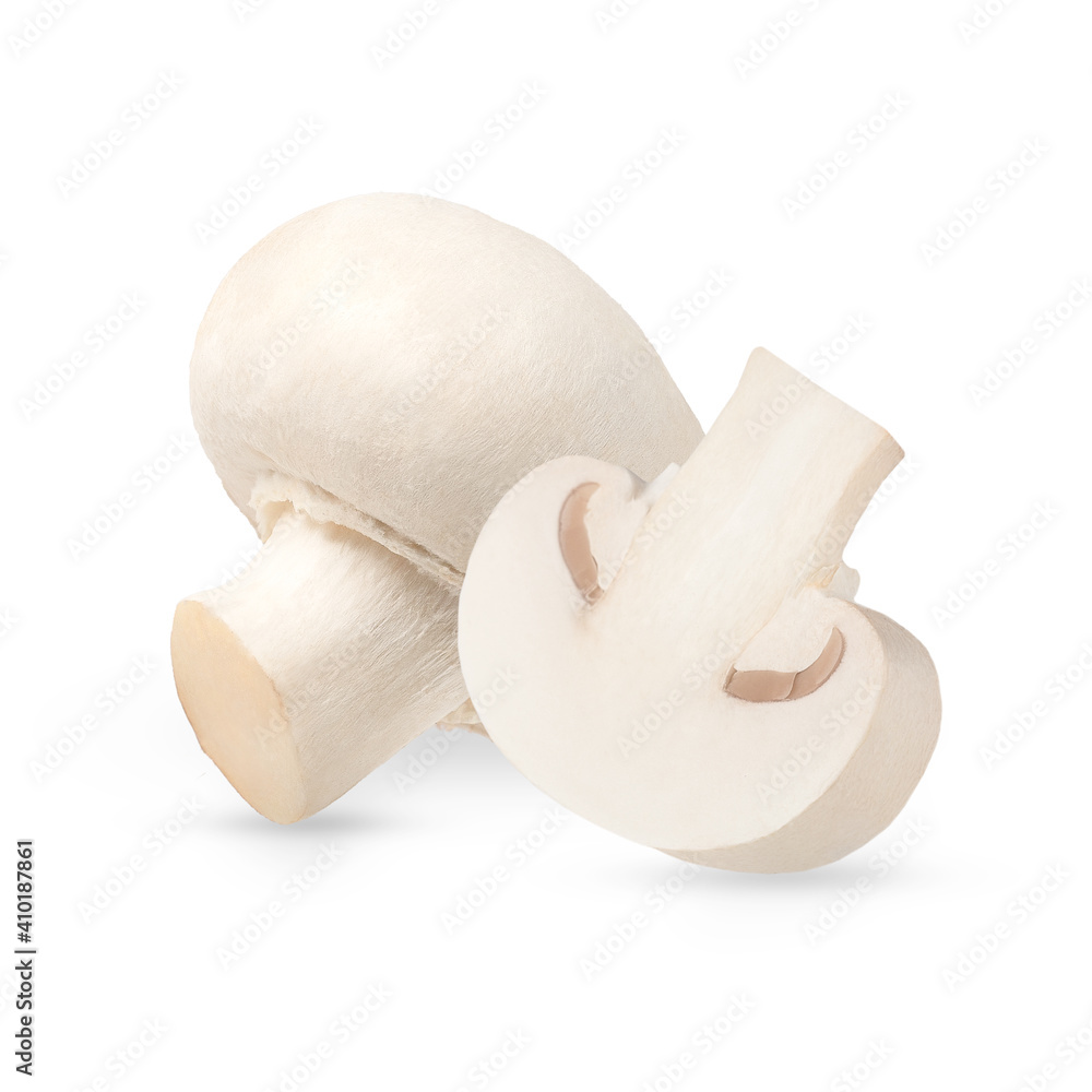 Perfectly retouched whole and half champignon mushrooms isolated on the ...