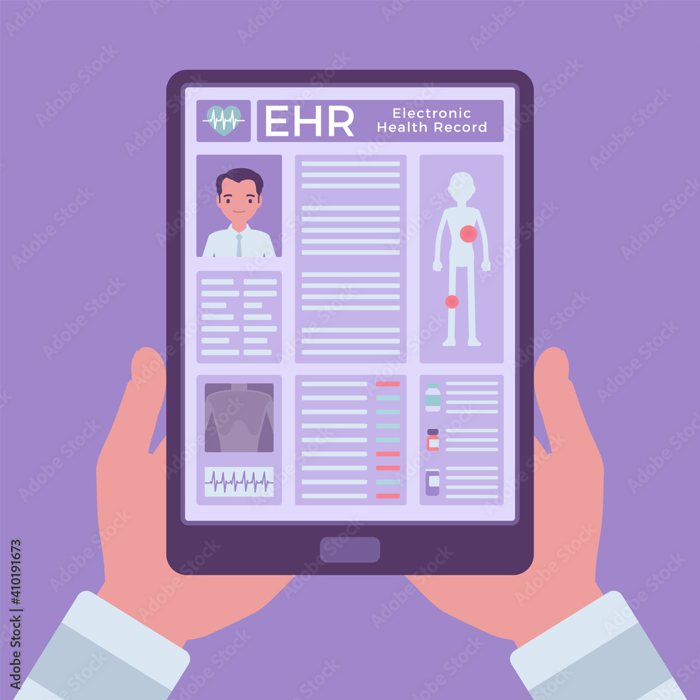 Electronic health record, EHR digital patient chart, tablet in hands ...