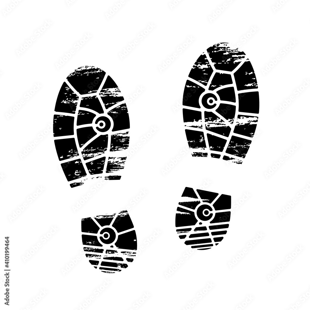 Footprints and shoeprints icon in black and white showing bare feet and ...