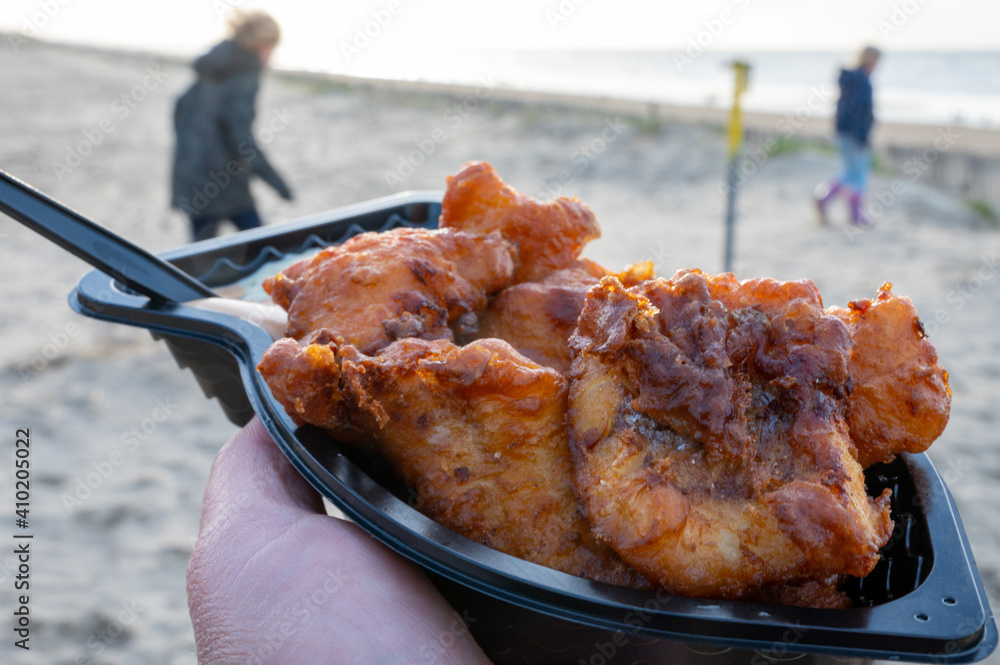 Dutch street seafood, deep fried cod fish fillet with garlic sauce ...