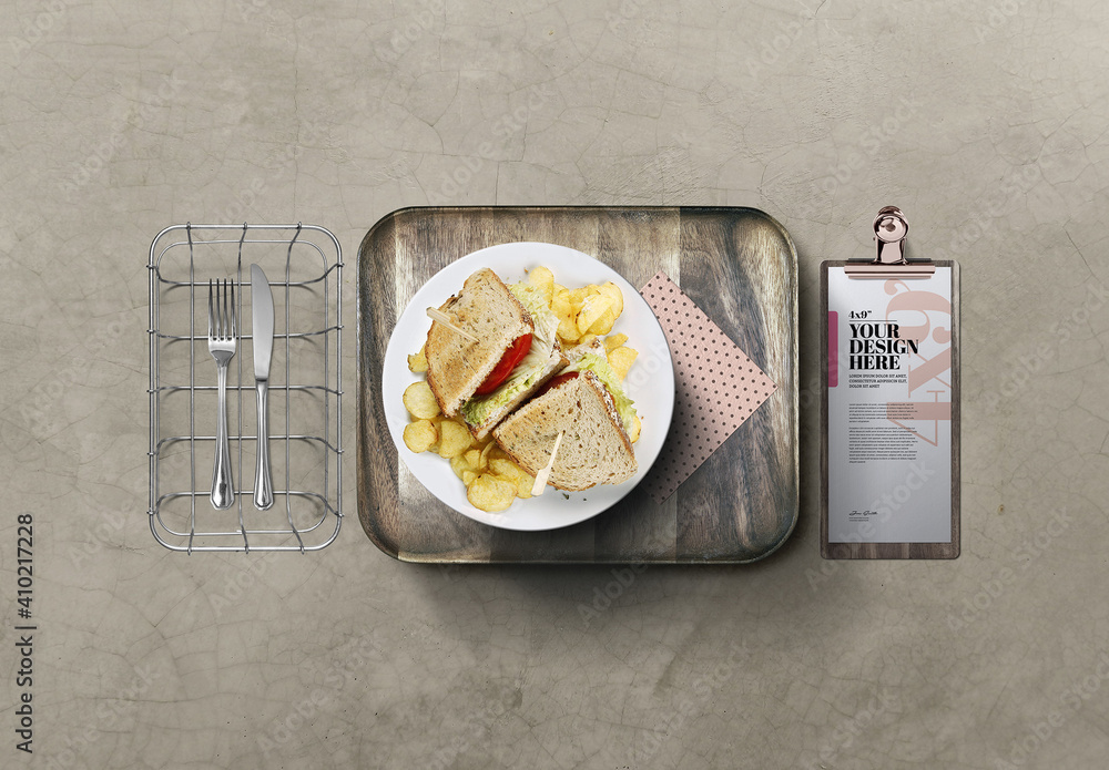 Dinner Plate Mockup with Food Snack Sandwich and thin Clipboard Menu ...