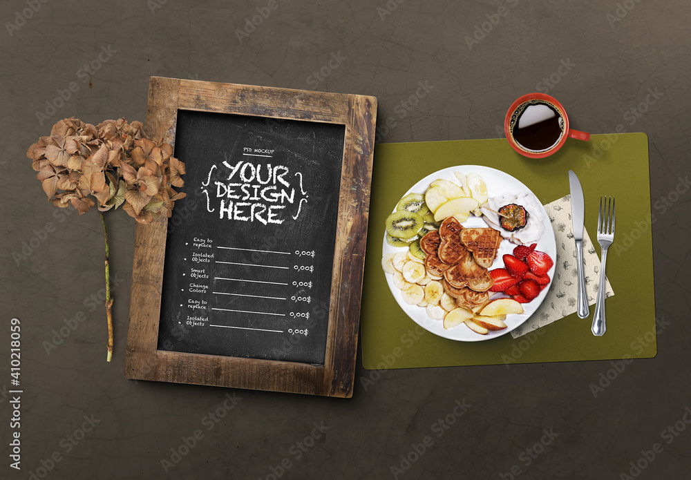 Dinner Plate Mockup with Food, Rustic Chalkboard, Coffee Dessert Stock ...