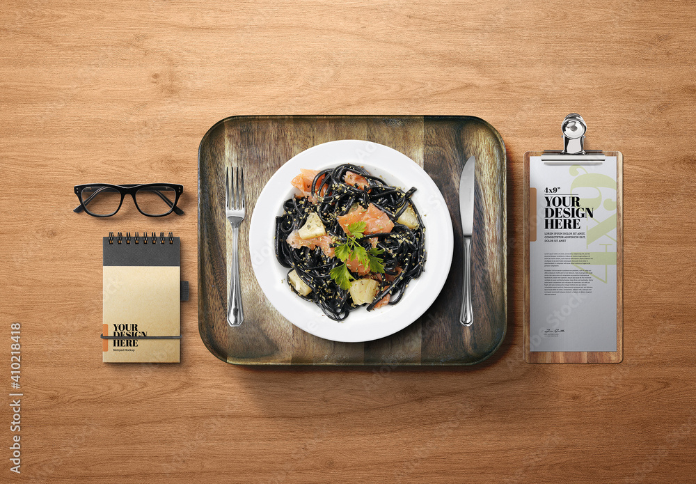 Dinner Plate Mockup with Food Pasta and Thin Clipboard Menu Stock ...