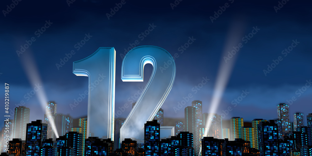 Number 12 in thick blue font lit from below with floodlights floating ...