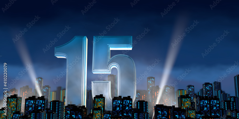 Number 15 in thick blue font lit from below with floodlights floating ...