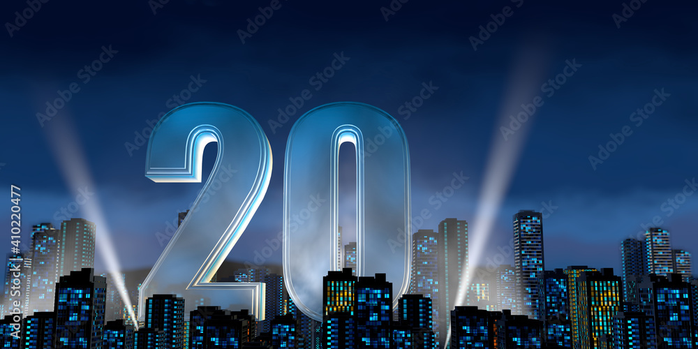 Number 20 in thick blue font lit from below with floodlights floating ...