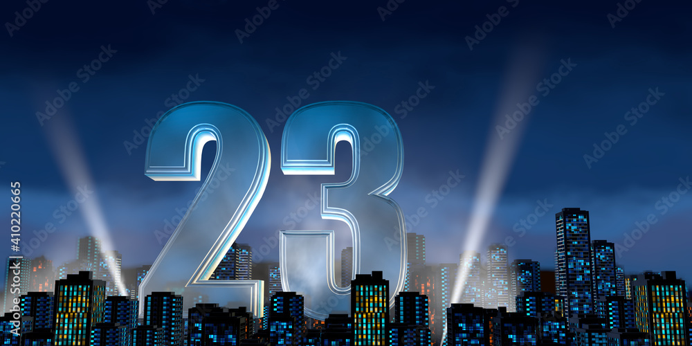 Number 23 in thick blue font lit from below with floodlights floating ...