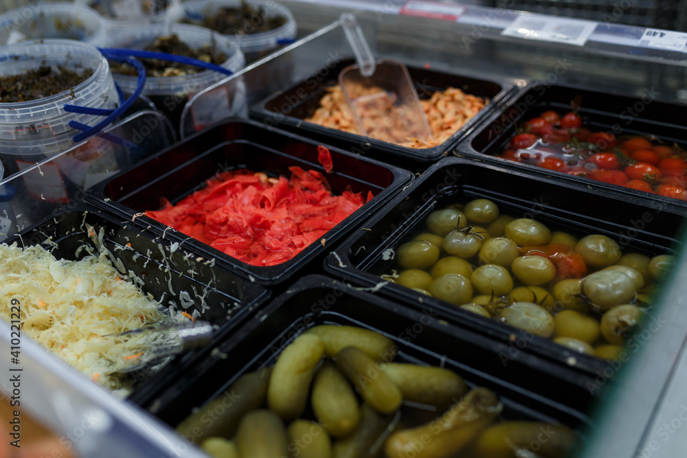 Soft focused shot of vegetable department in grocery store, supermarket ...