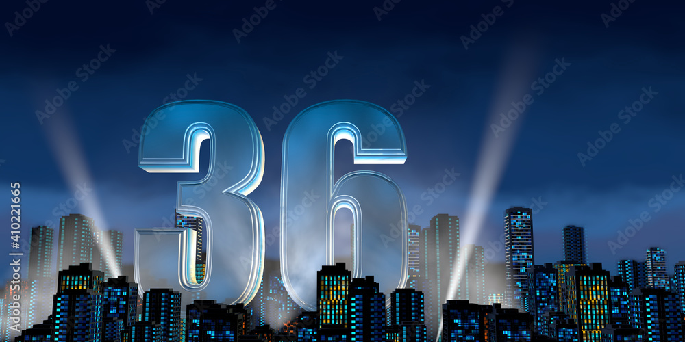 Number 36 in thick blue font lit from below with floodlights floating ...