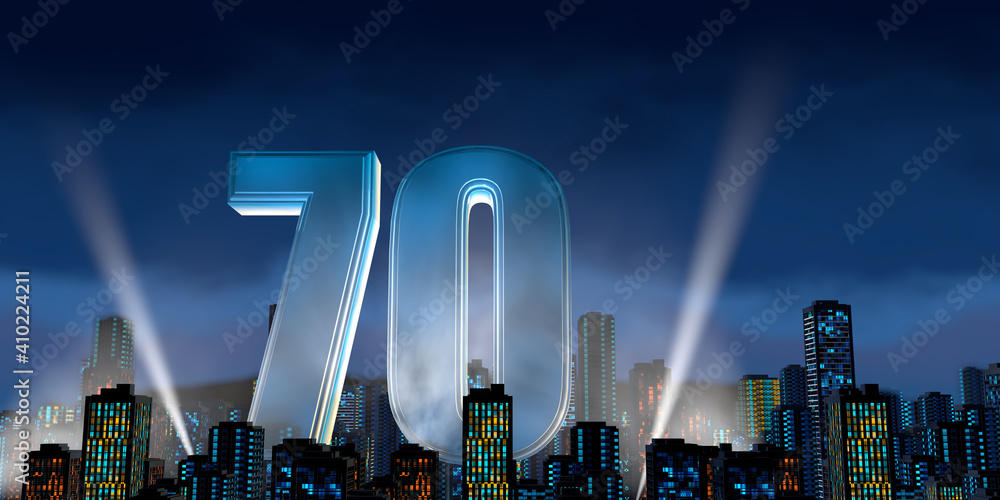 Number 70 in thick blue font lit from below with floodlights floating ...