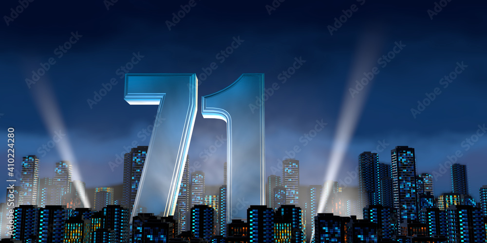 Number 71 in thick blue font lit from below with floodlights floating ...