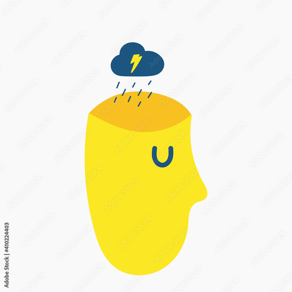 Human head with sad thoughts and emotion. Flat illustration for mental ...