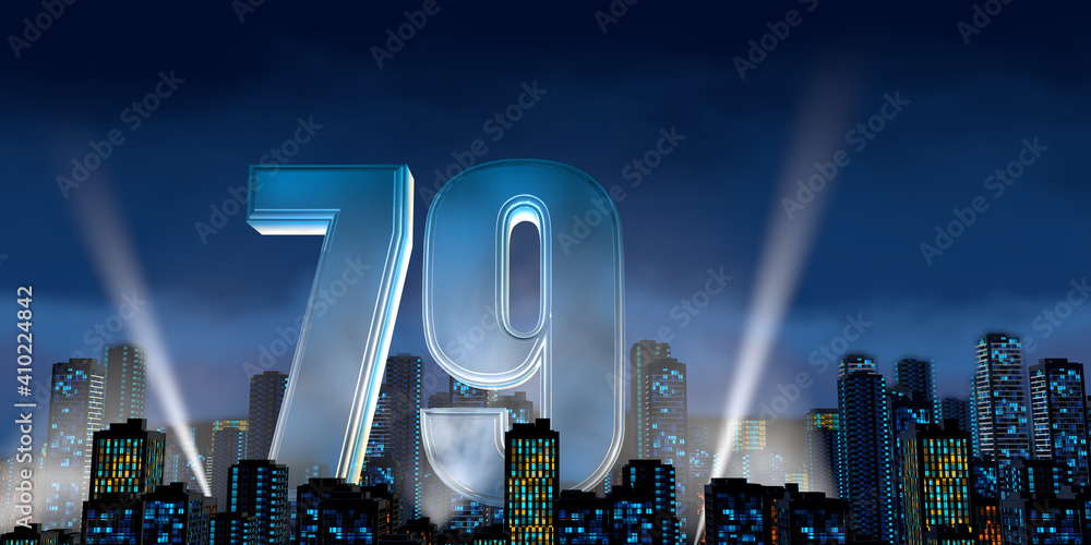 Number 79 in thick blue font lit from below with floodlights floating ...
