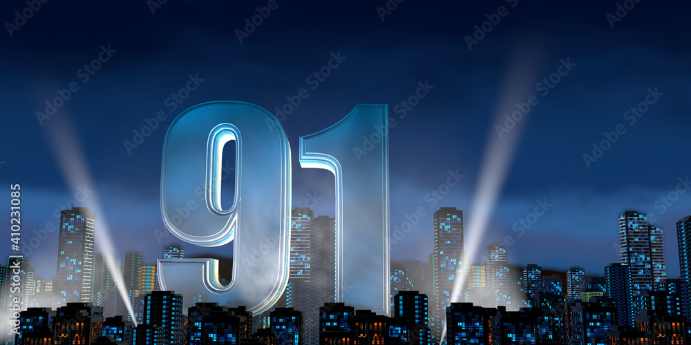Number 91 in thick blue font lit from below with floodlights floating ...