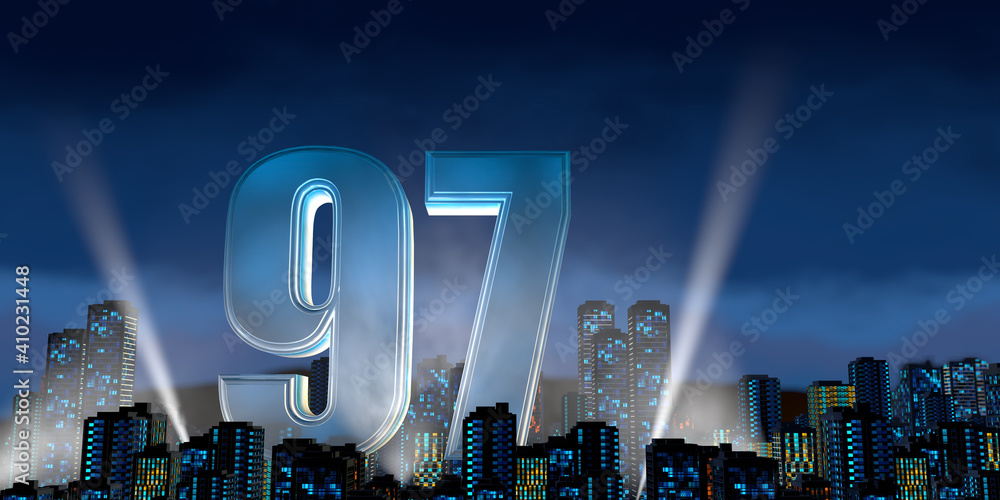 Number 97 in thick blue font lit from below with floodlights floating ...