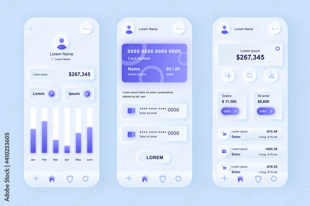 Online banking unique neomorphic design kit. Mobile wallet screens with ...