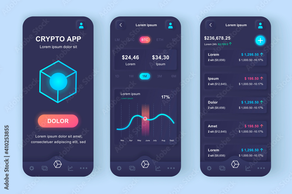 Vetor de Cryptocurrency trading unique neomorphic design kit. Digital ...