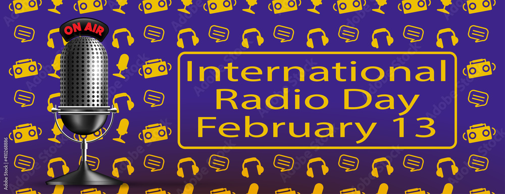 poster on International Radio Day February 13 in gold in a rectangle ...