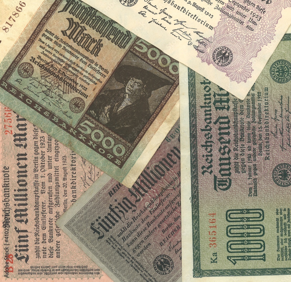 Old historic German inflation bank notes. The Rentenmark was a currency ...
