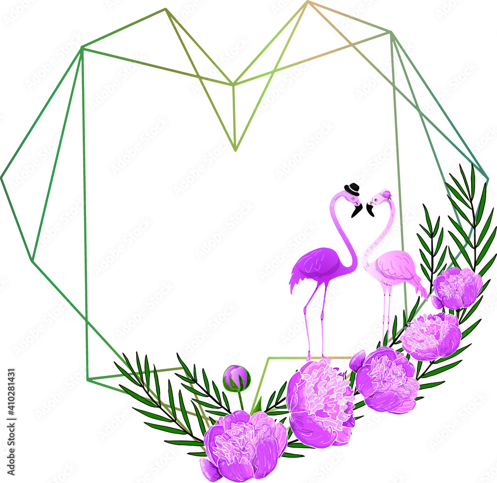 Heart geometric shape with enamored flamingos and pink flowers peonies ...