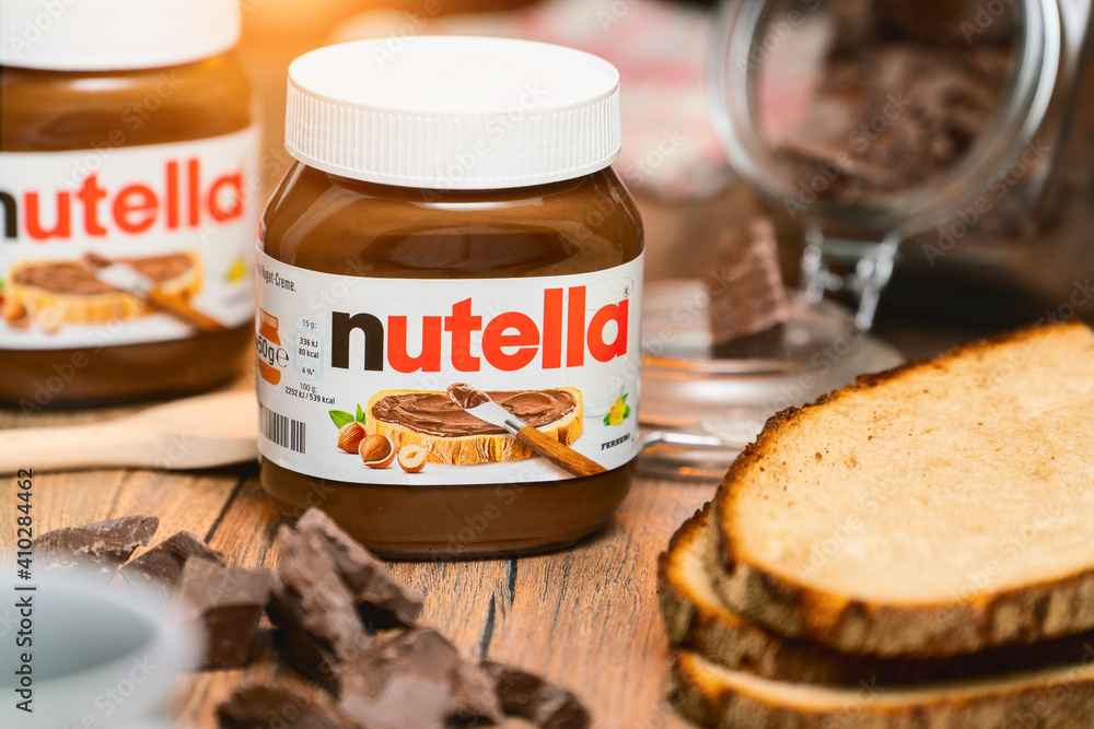 Pot of Nutella, the popular brand name of a sweetened hazelnut cocoa ...