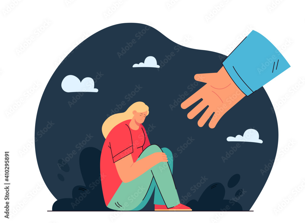 Unhappy girl sitting in depression and hand helping her flat vector ...