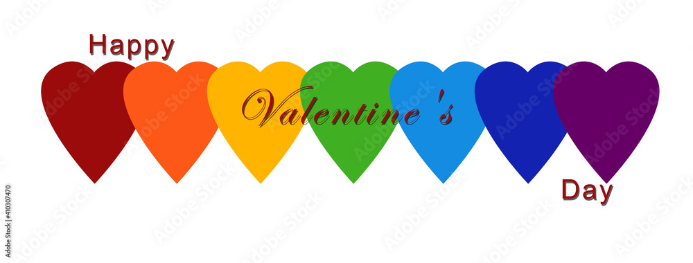 Happy Valentine's day banner/card with seven hearts in colours of the ...
