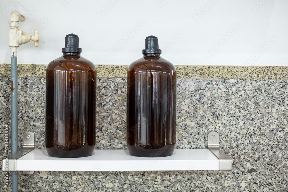 Solvent Bottle in Chemical laboratory. Waste management, hazard ...