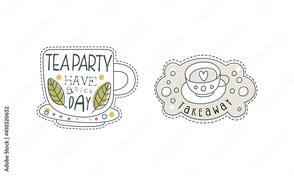 Tea Party Hand Drawn Labels Set, Restaurant or Coffee House Badges ...