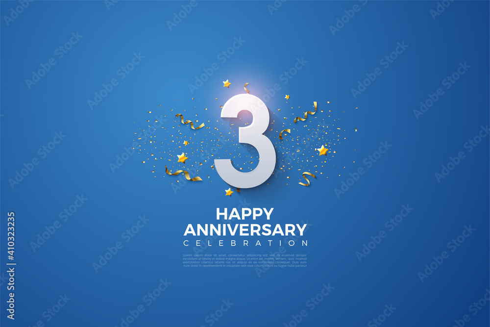 3rd Anniversary with numbers and festivity on blue background. Stock ...