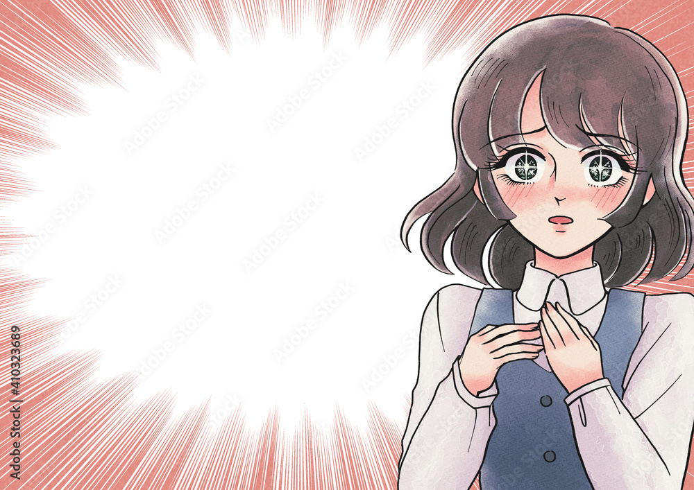 レトロ少女漫画風・赤面して驚くお姉さん・集中線背景 Stock-Illustration | Adobe Stock