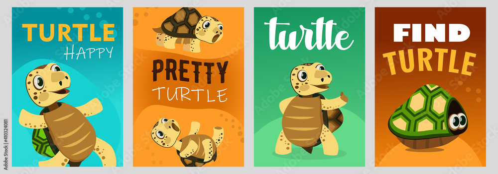 Trendy poster designs with happy turtle. Vivid brochures with sea ...