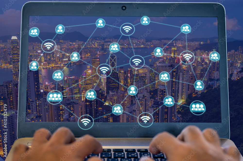 People using laptop to connect with other person with wireless ...