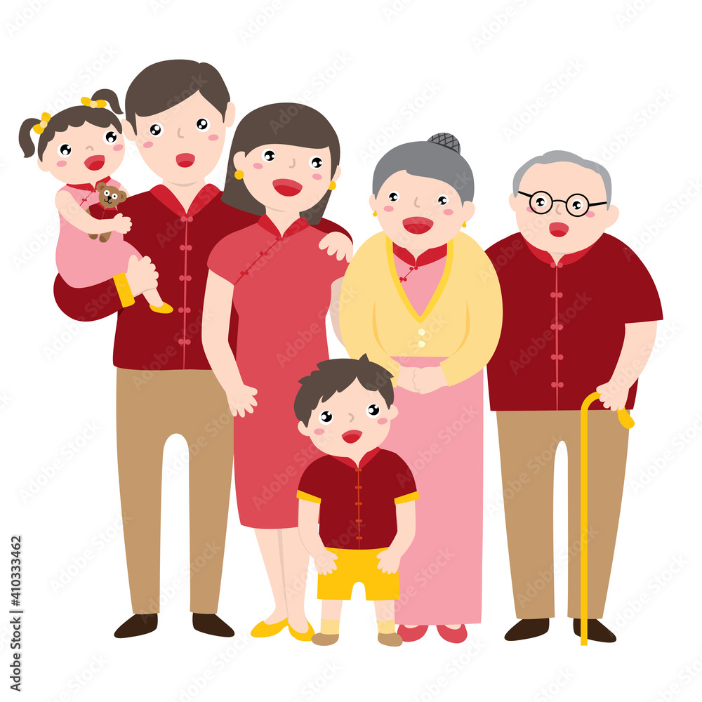 Cute Multi-Generation Chinese Family In Traditional Clothing. Stock ...