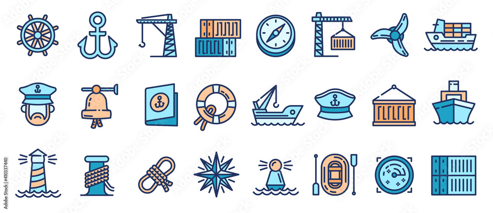 Marine port icons set. Outline set of marine port vector icons for web ...