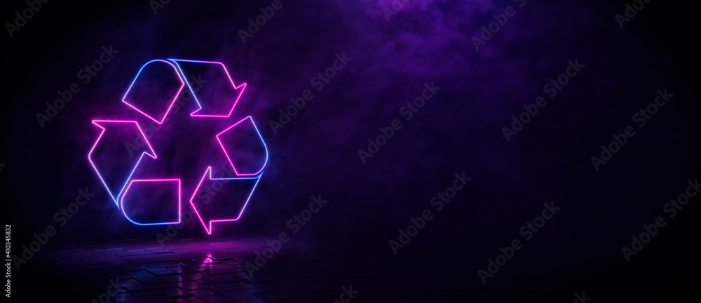 Pink and blue neon light recycle icon. Vibrant colored technology ...