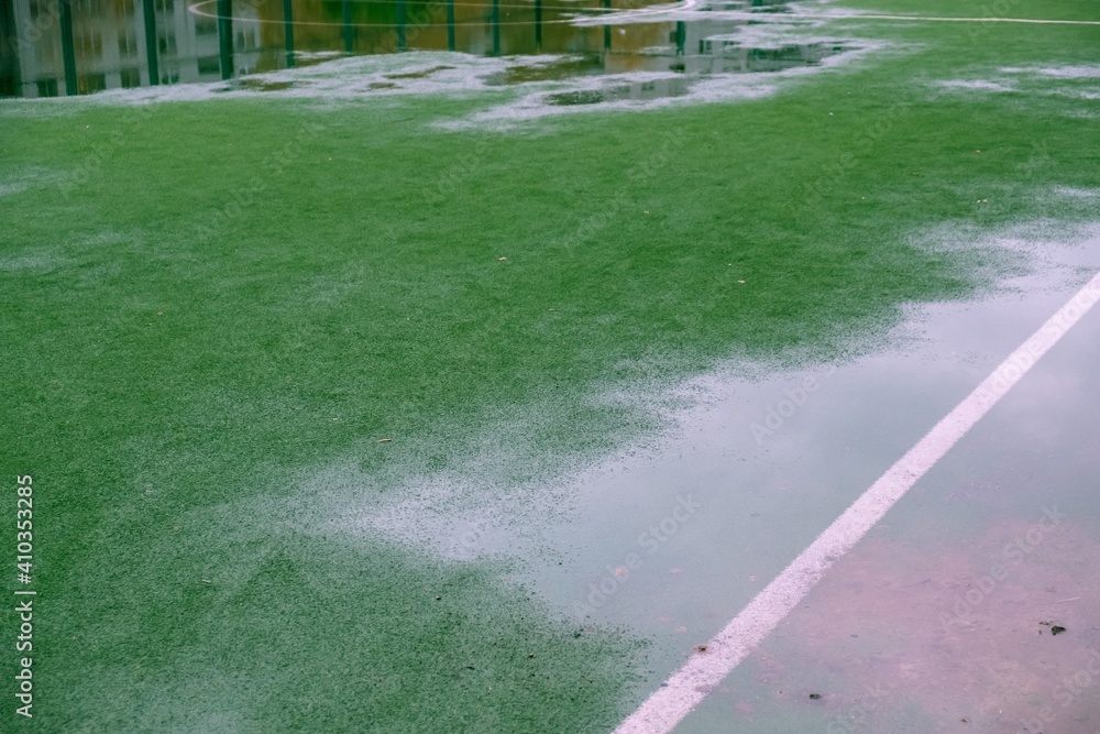 Rain Soccer field with grass green football. line turf Stock Photo ...