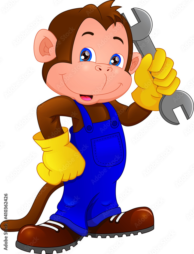 cute monkey cartoon holding wrench Stock Vector | Adobe Stock