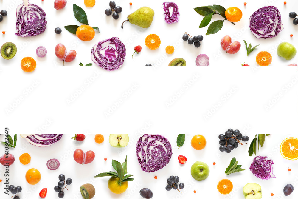 Banner from various vegetables and fruits isolated on white background ...