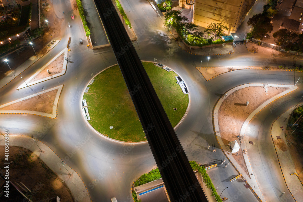Aerial view of an empty roundabout at night in Gurugram near New Delh ...