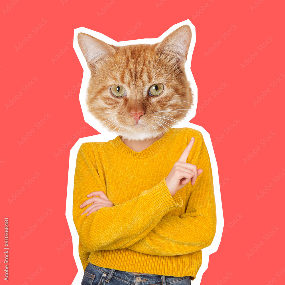 Can be angry. Cat's head on female body pointing at side. Modern design ...