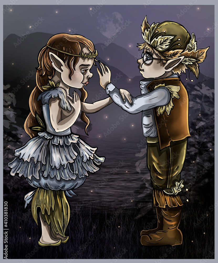 Cartoon characters, fairytale romantic elves in love with pointed ears ...