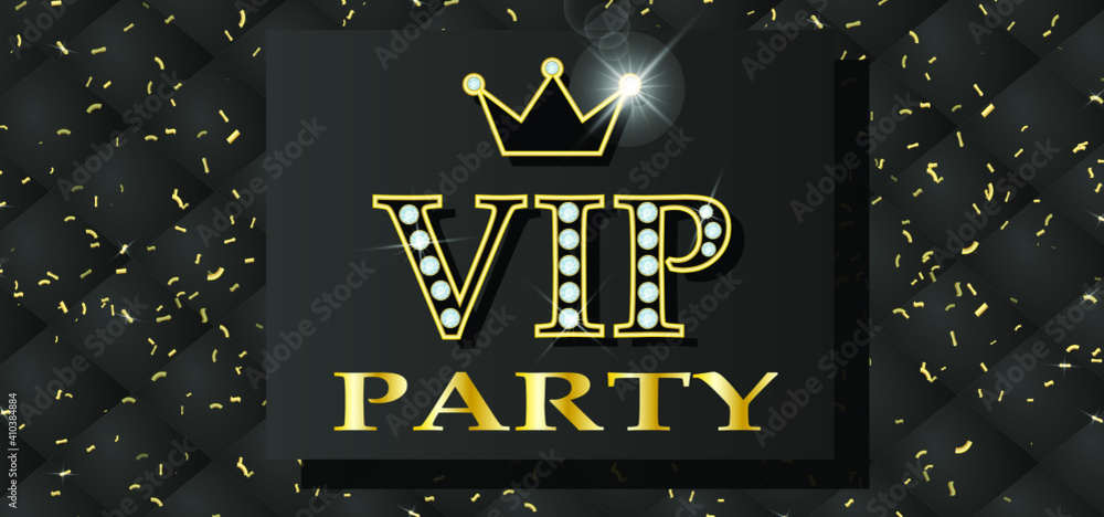 VIP party. Gold badge VIP with a crown and diamonds on an abstract ...