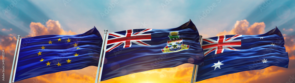 European Union Flag and Australia flag and Cayman Islands Flag waving ...