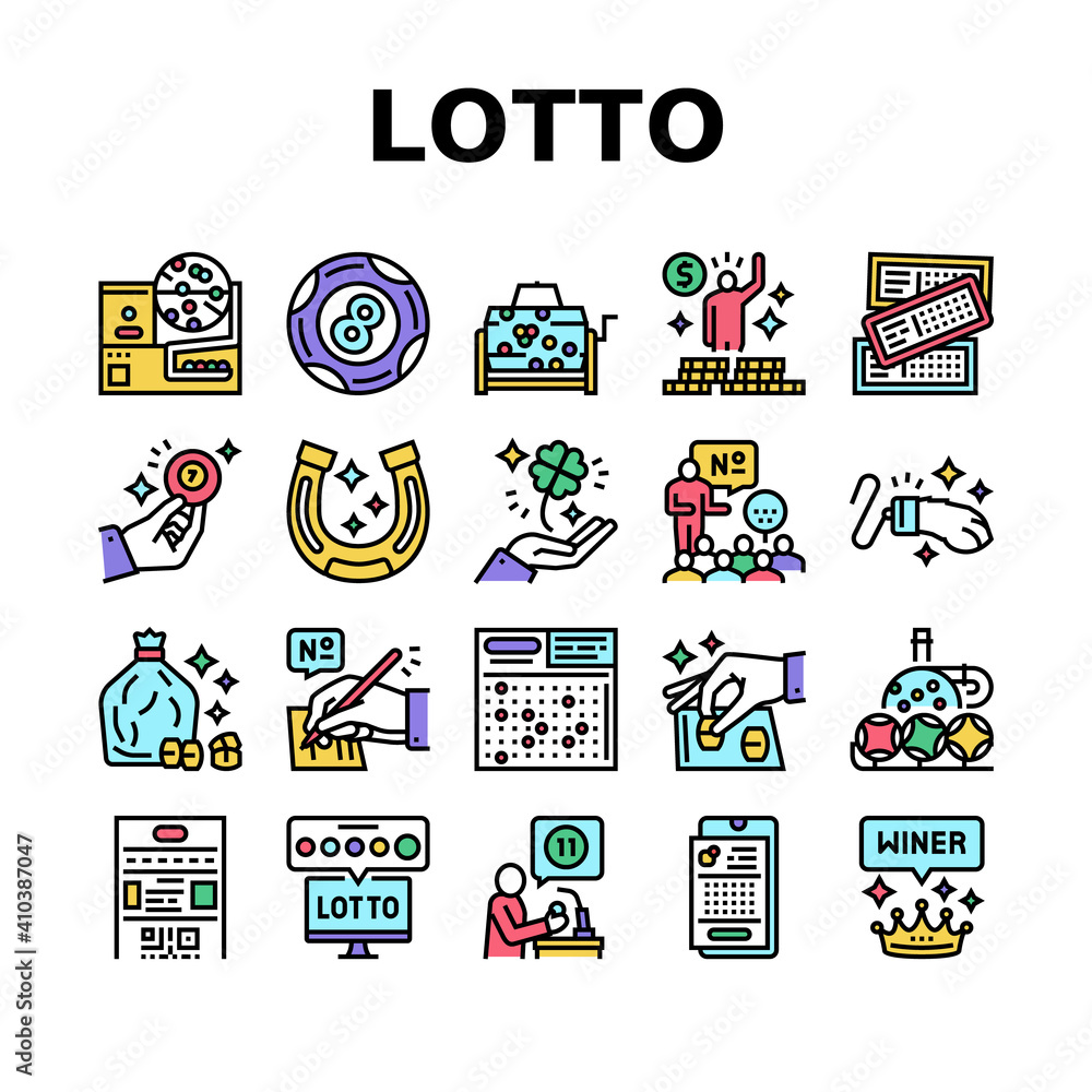 Lotto Gamble Game Collection Icons Set Vector. Lotto Ticket And Ball ...